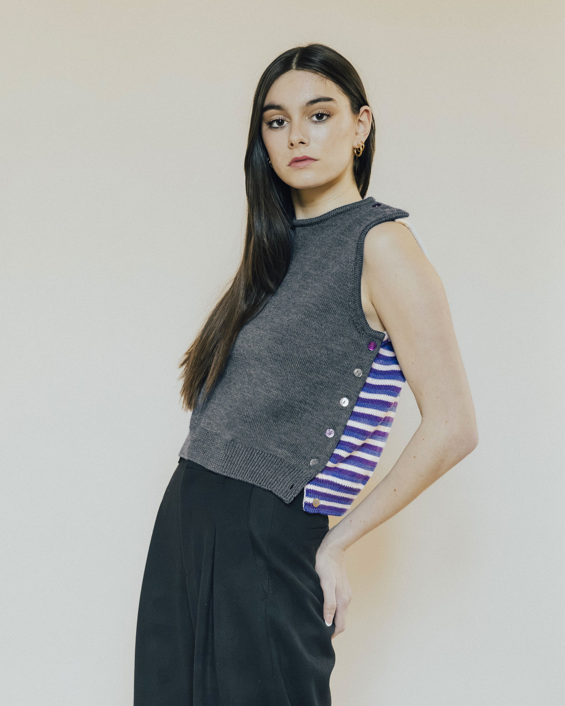 Dos pull rayé bleu écru violet – DIXNEUF Paris